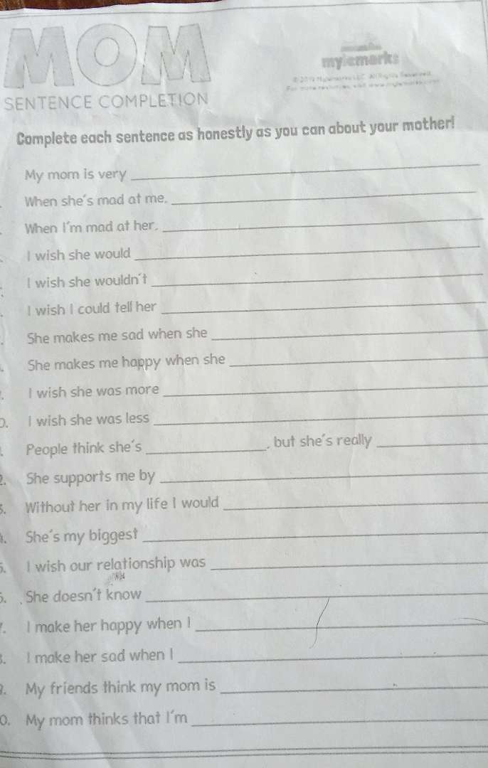 MOM SENTENCE COMPLETION Complete each | StudyX