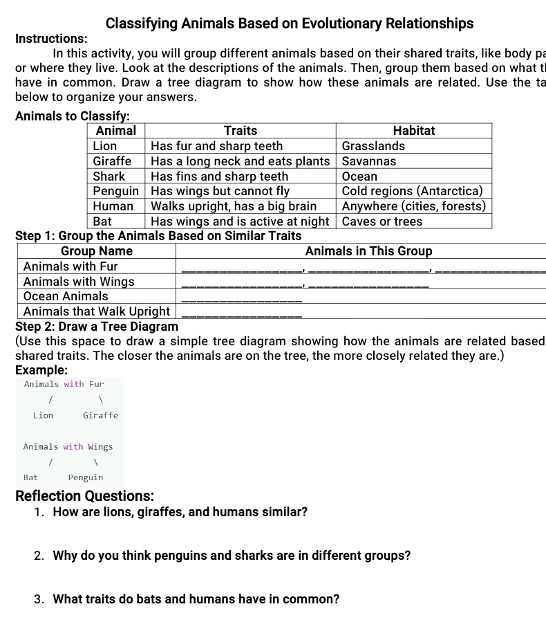 Instructions Classifying Animals Based on | StudyX