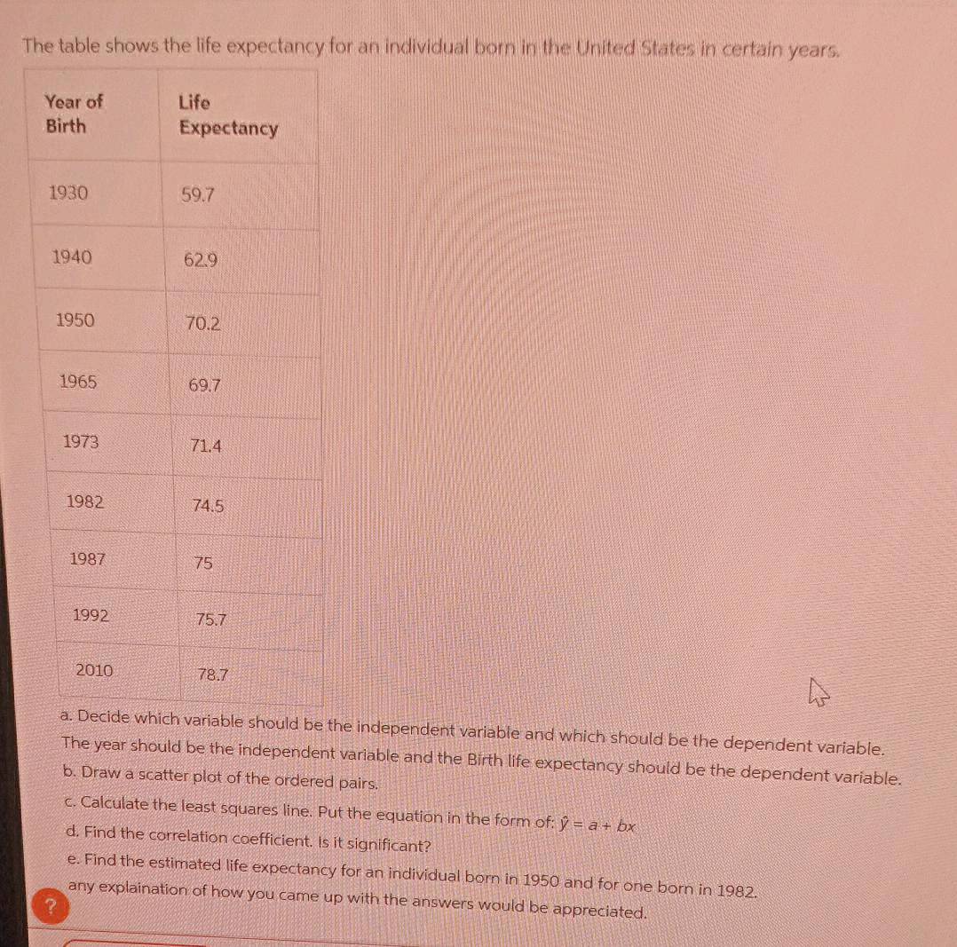 The table shows the life expectancy for an | StudyX
