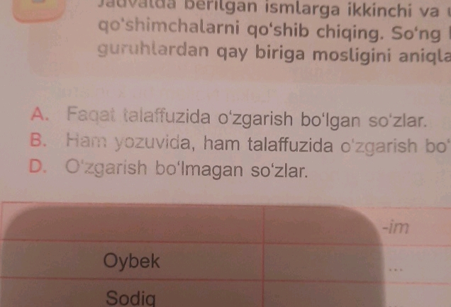 berilgan ismlarga ikkinchi va u | StudyX