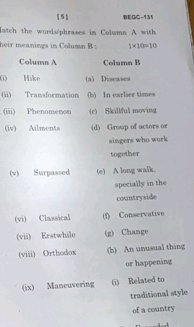 Match the words/phrases in Column A with | StudyX