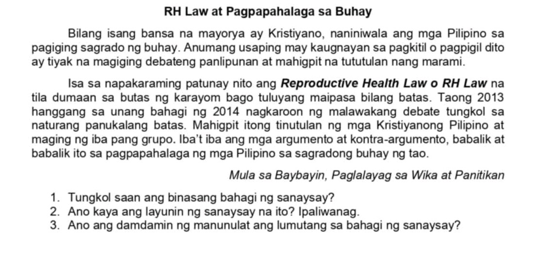 RH Law at Pagpapahalaga sa Buhay Bilang