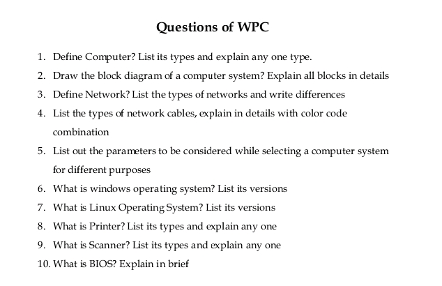 Questions of WPC 1 Define Computer List its | StudyX