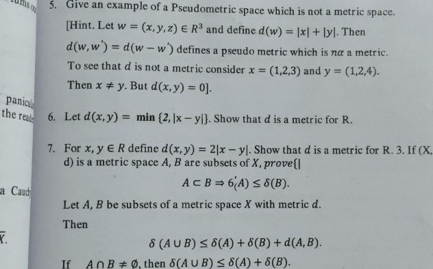 5 Give an example of a Pseudometric space