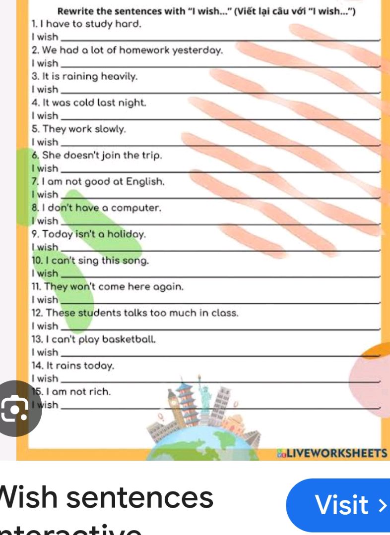 Rewrite the sentences with I wish Vit li cu | StudyX