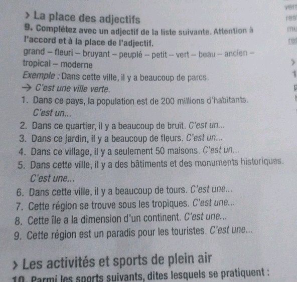 La place des adjectifs 9 Compltez avec un | StudyX