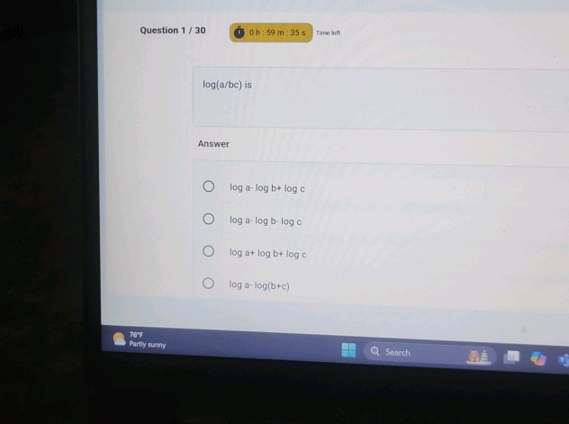 log(a/bc) is Answer log a - log b + log c | StudyX
