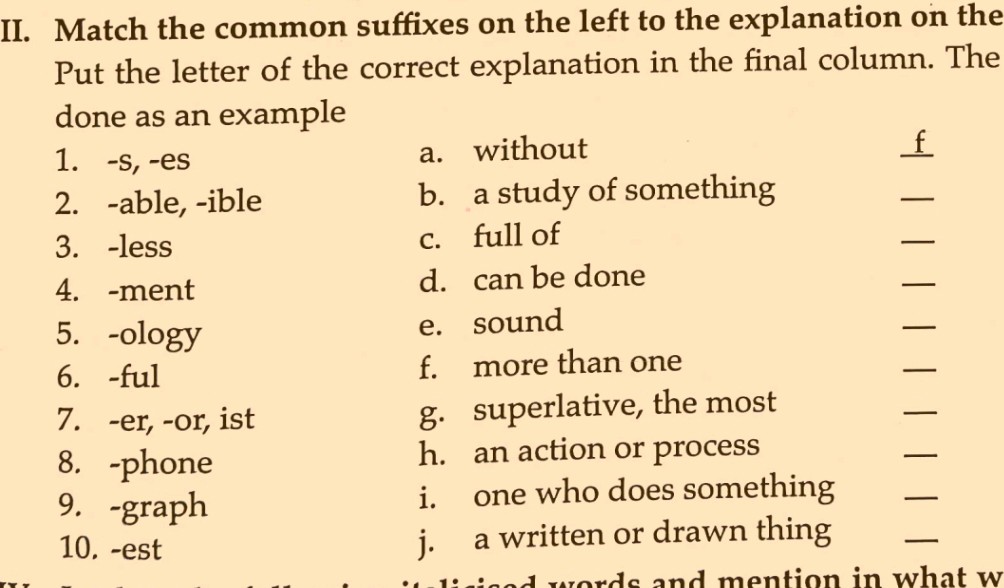 II Match the common suffixes on the left to | StudyX