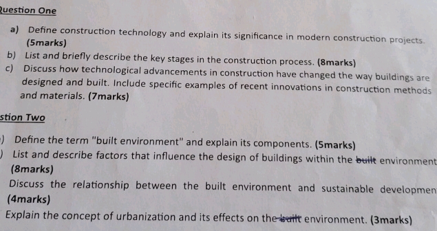 Question One a) Define construction | StudyX