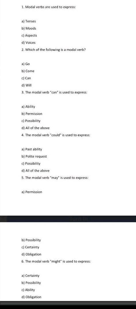 1 Modal verbs are used to express a) Tenses | StudyX