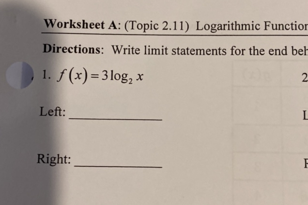 Worksheet A (Topic 211) Logarithmic Function