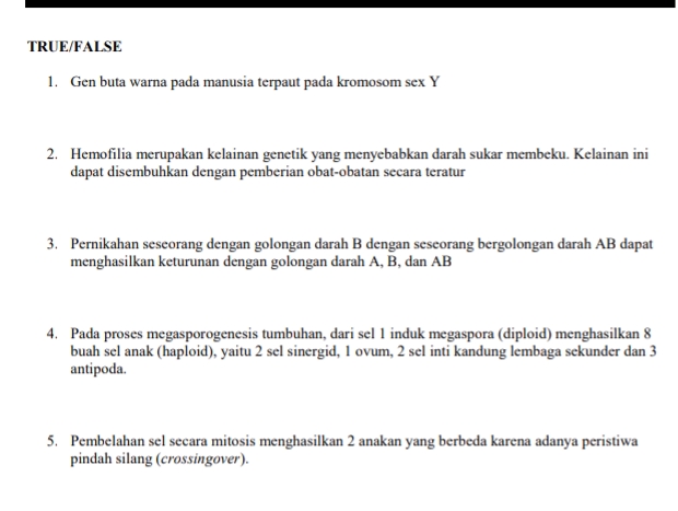 TRUE FALSE 1 Gen buta warna pada manusia | StudyX