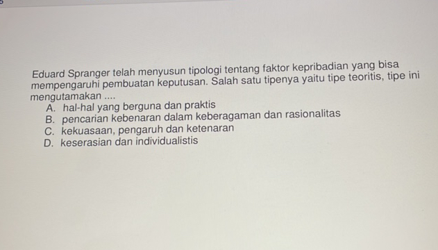 Eduard Spranger telah menyusun tipologi | StudyX