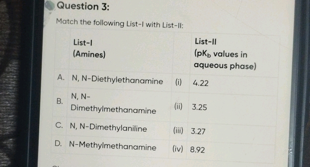 Question 3 Match the following List-I with | StudyX