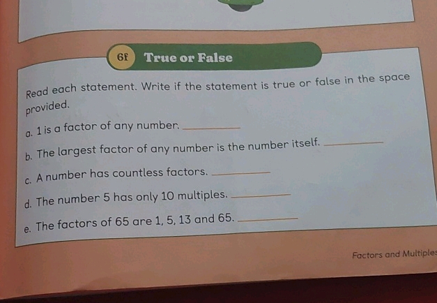 6f True or False Read each statement Write | StudyX