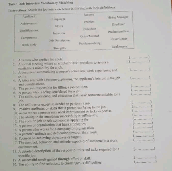 Task 1 Job Interview Vocabulary Matching | StudyX