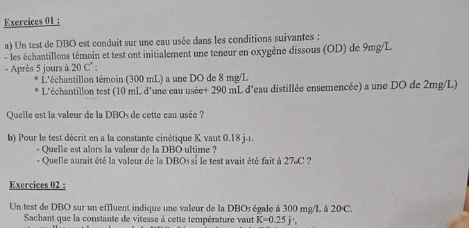 Exercices 01 a) Un test de DBO est conduit | StudyX