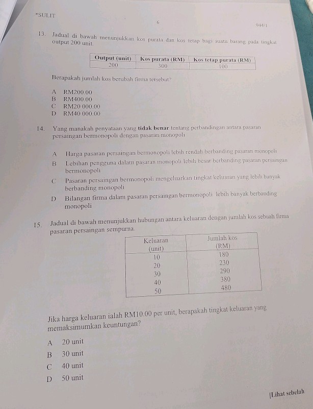 13 Jadual di bawah menunjukkan kos purata | StudyX