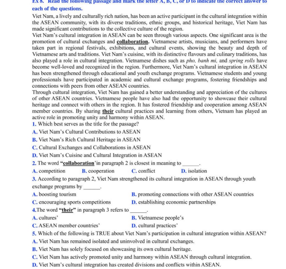 Ex 8 Read the following passage and mark the | StudyX