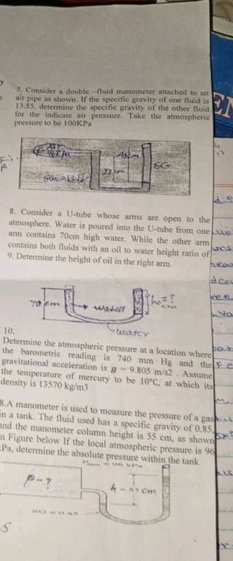 7 Consider a double-fluid manometer attached
