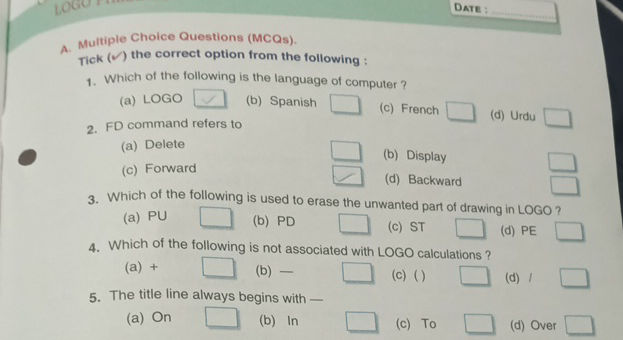 A Multiple Choice Questions (MCQs) Tick () | StudyX