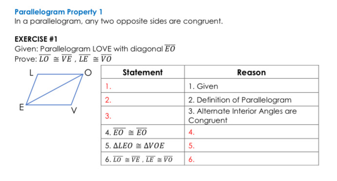 Parallelogram Property 1 In a parallelogram | StudyX