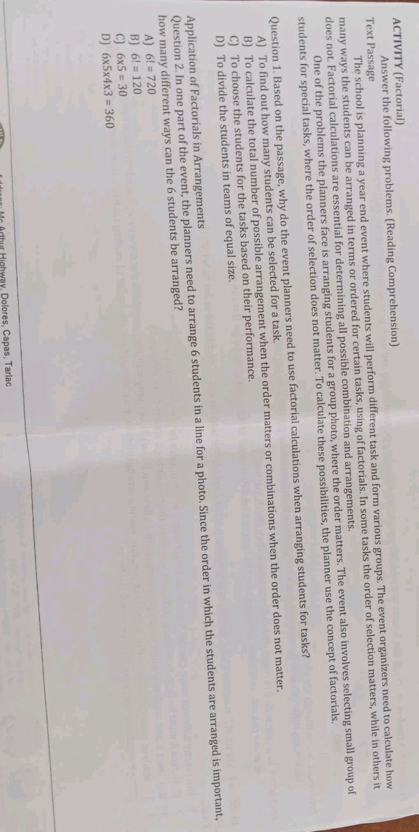 ACTIVITY (Factorial) Answer the following | StudyX