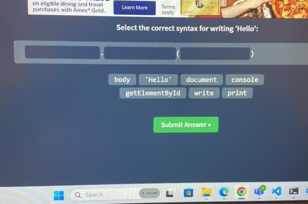 Select the correct syntax for writing Hello | StudyX