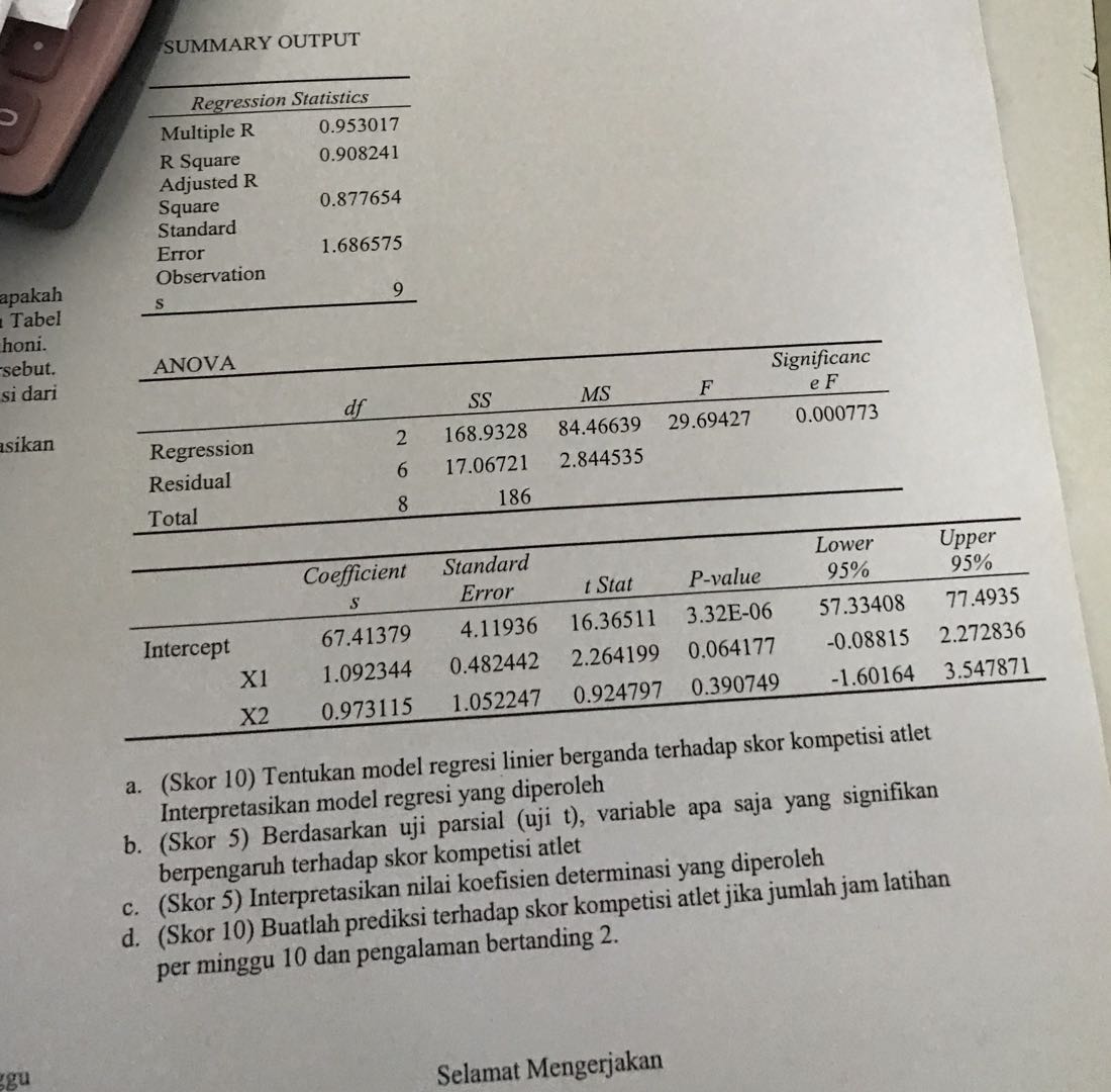 SUMMARY OUTPUT a (Skor 10) Tentukan model | StudyX