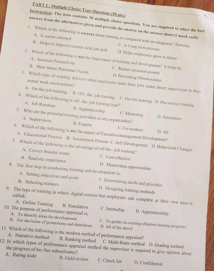 PART I Multiple Choice Type Questions (50 | StudyX