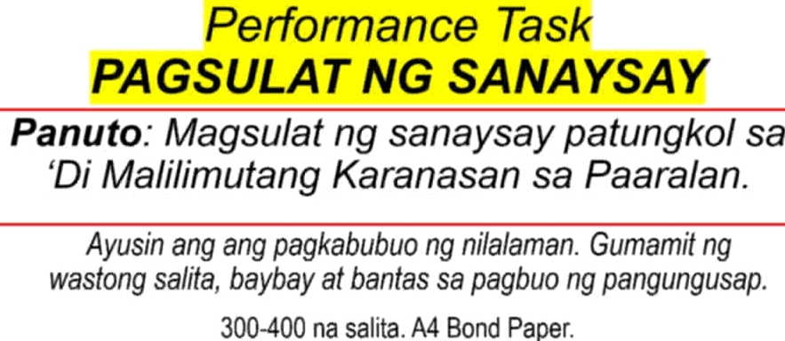 Performance Task PAGSULAT NG SANAYSAY Panuto | StudyX