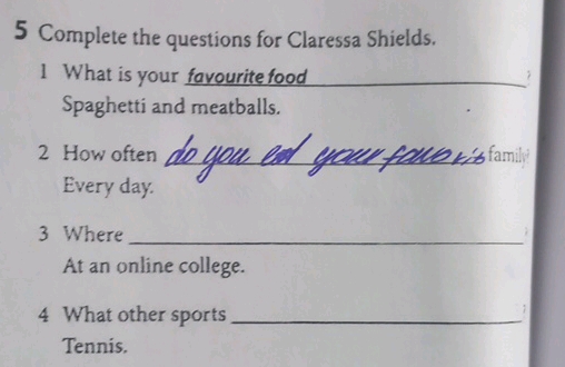 5 Complete the questions for Claressa | StudyX