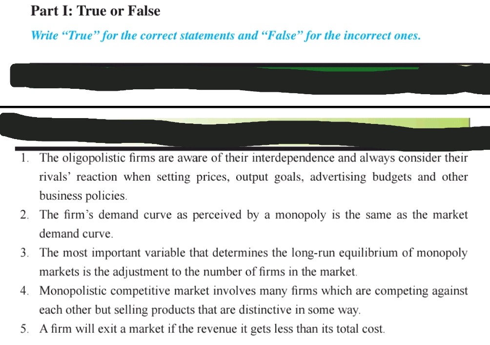 Part I True or False Write True for the | StudyX