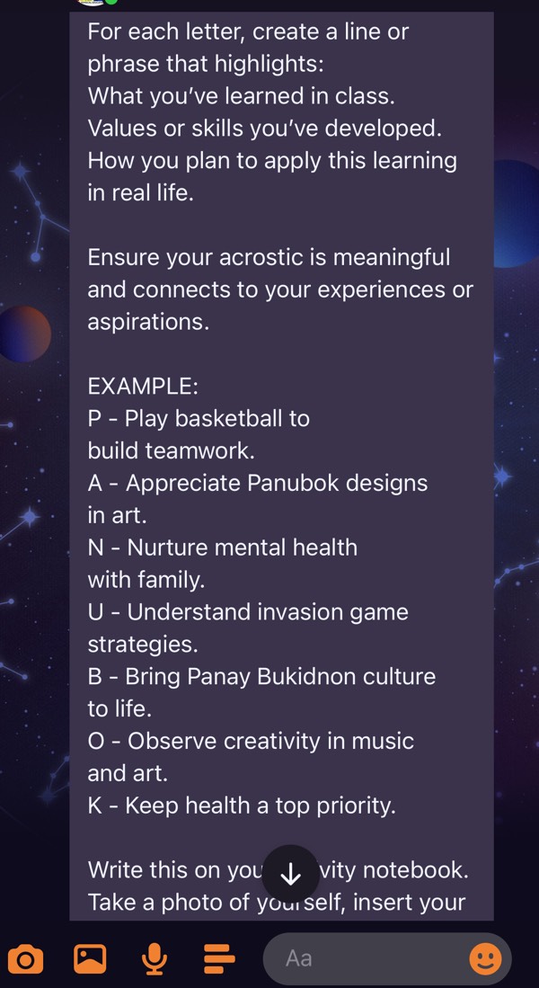 For each letter create a line or phrase that | StudyX