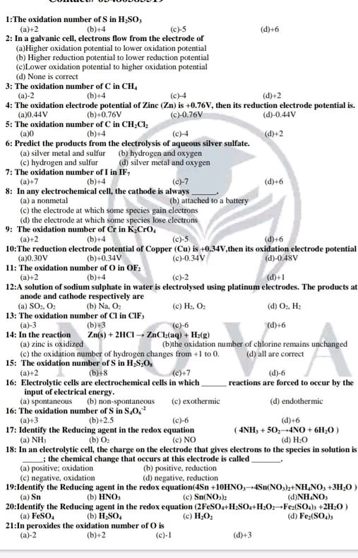 1 The oxidation number of S in H2 SO3 (a) | StudyX