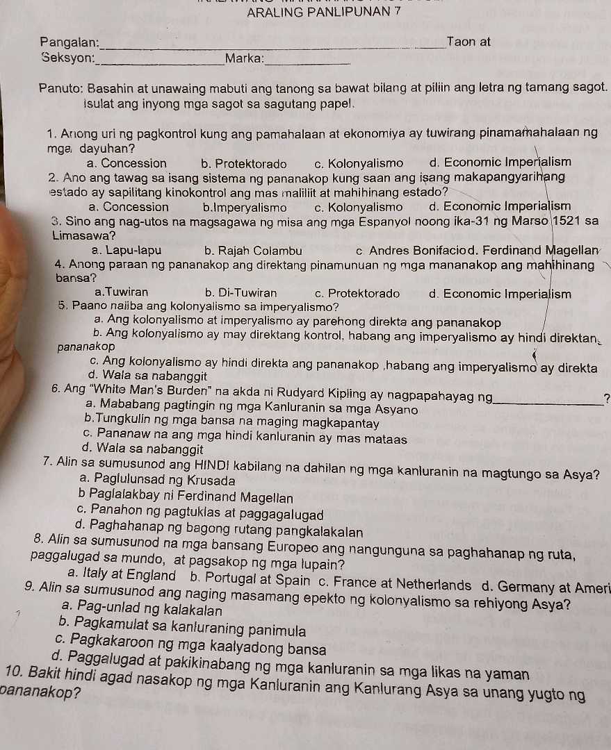 Pangalan Seksyon ARALING PANLIPUNAN 7 Marka | StudyX