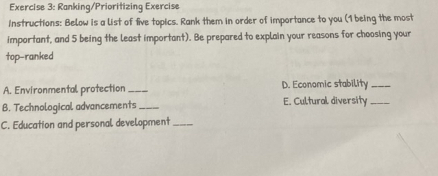 Exercise 3 Ranking/Prioritizing Exercise | StudyX