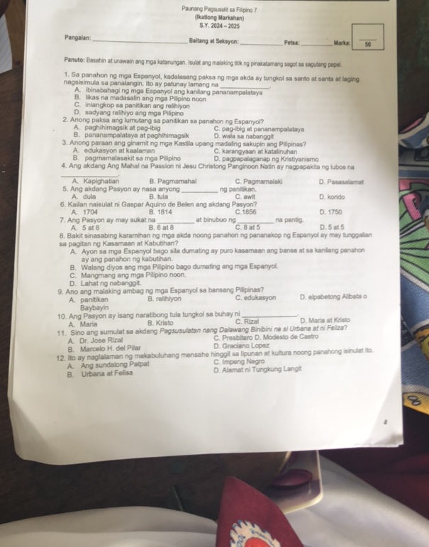 Paunang Pagsusulit sa Filipino 7 (Ikatlong | StudyX