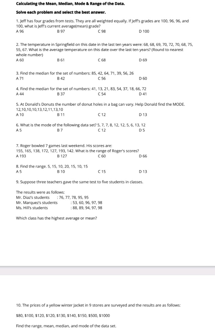 Calculating the Mean Median Mode Range of | StudyX