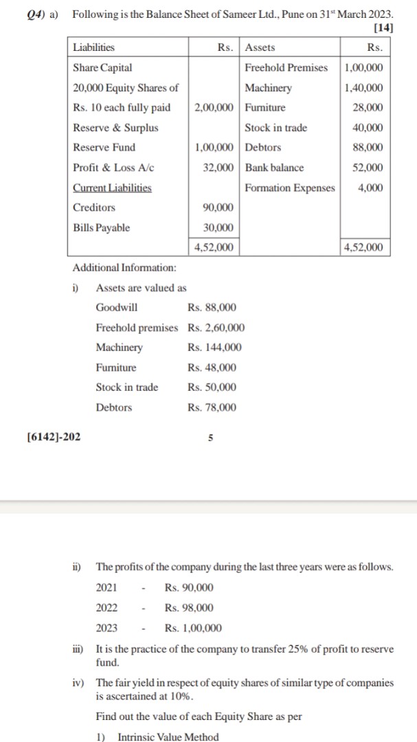 Q4) a) Following is the Balance Sheet of | StudyX