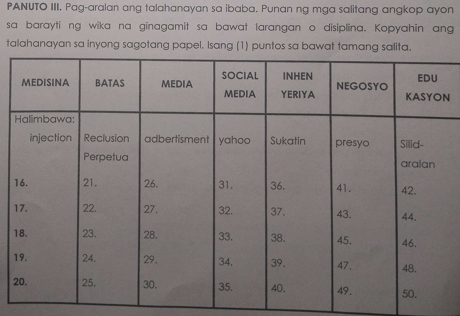 PANUTO III Pag-aralan ang talahanayan sa | StudyX