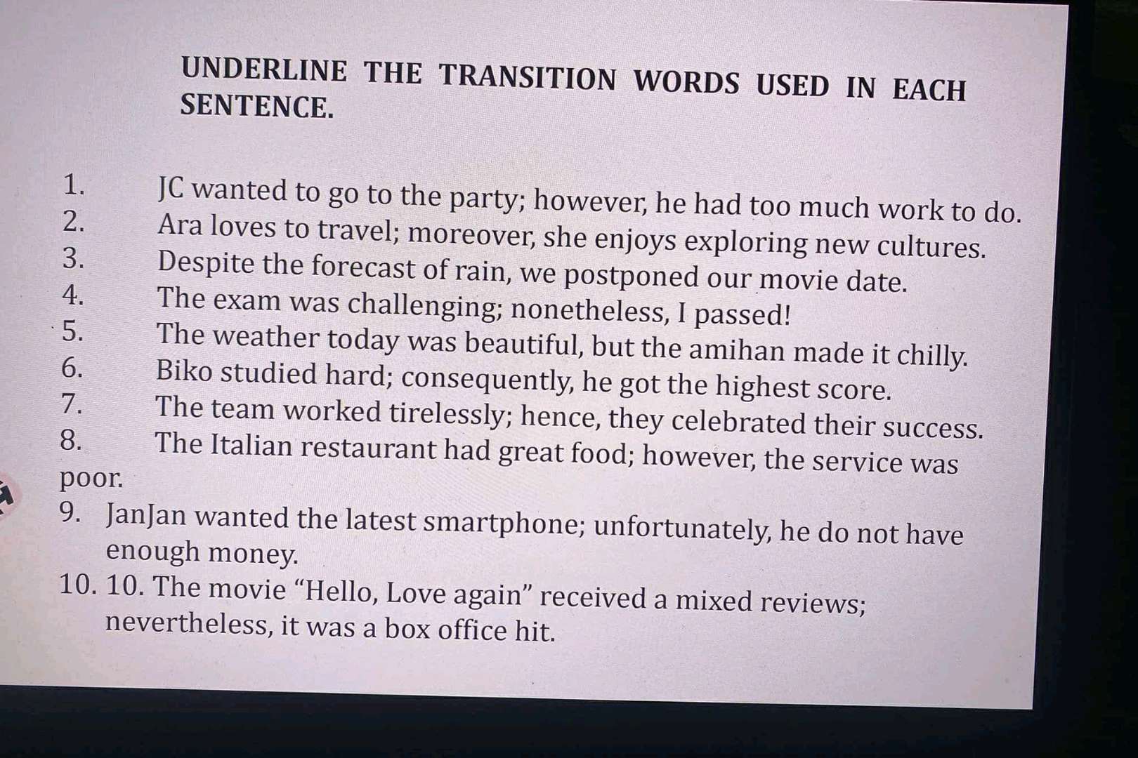 UNDERLINE THE TRANSITION WORDS USED IN EACH | StudyX
