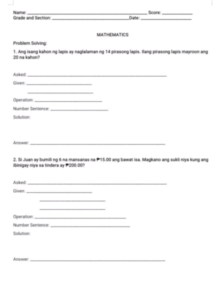 Name Score Grade and Section Date | StudyX
