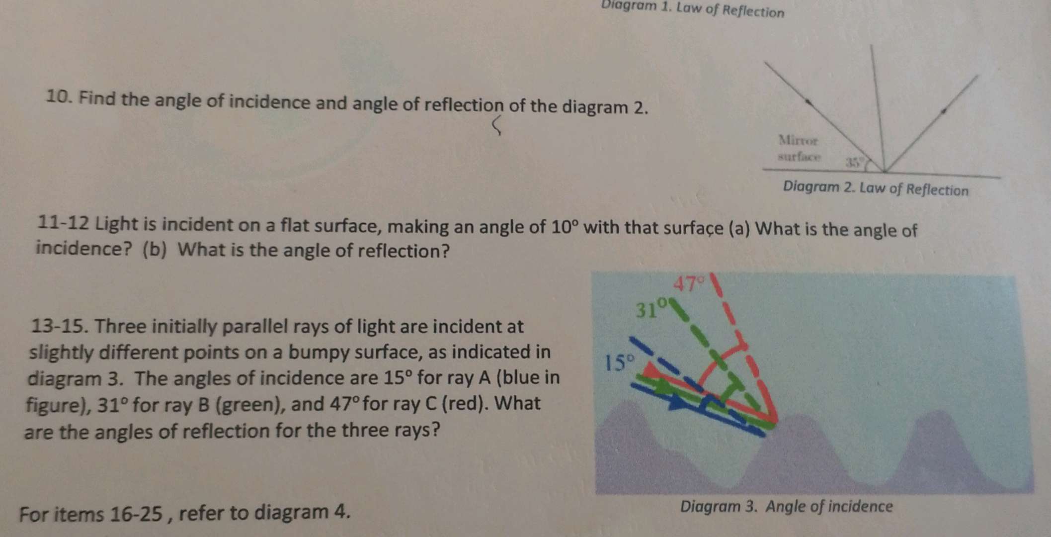 Diagram 1 Law of Reflection 10 Find the | StudyX