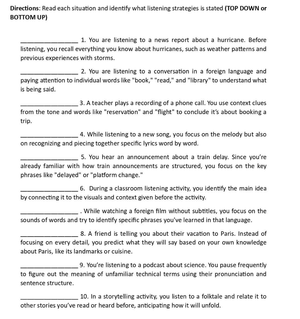 Directions Read each situation and identify | StudyX