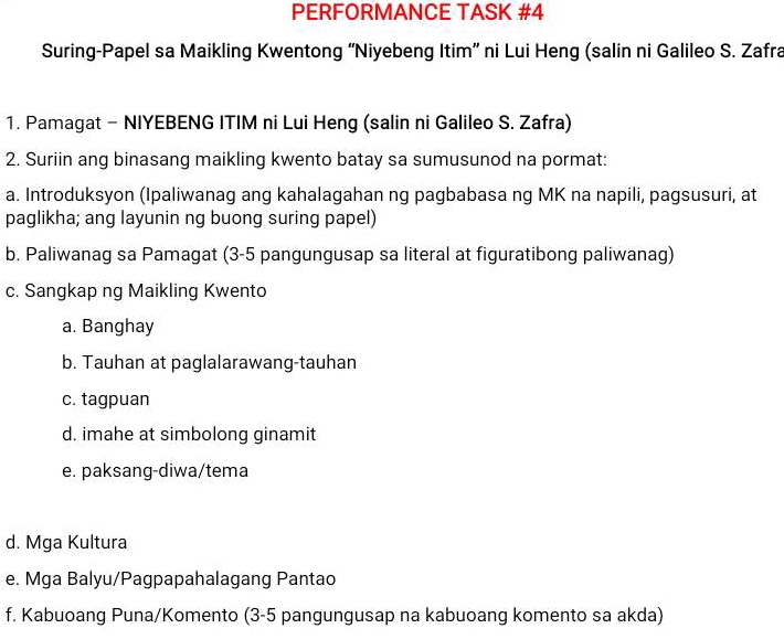 PERFORMANCE TASK 4 Suring-Papel sa Maikling | StudyX