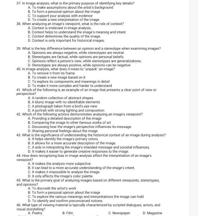 37 In image analysis what is the primary | StudyX