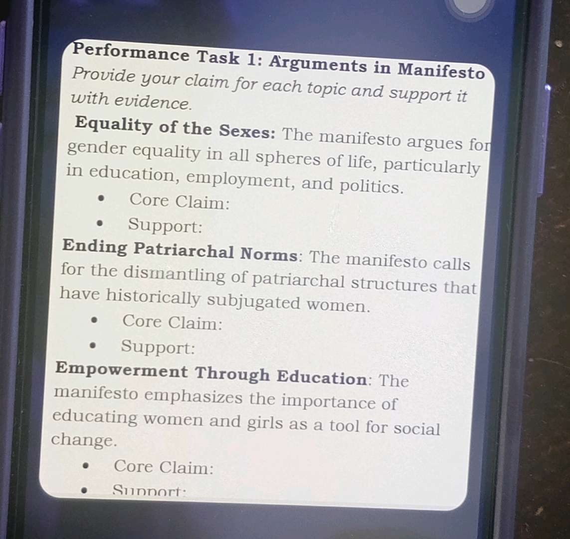Performance Task 1 Arguments in Manifesto | StudyX
