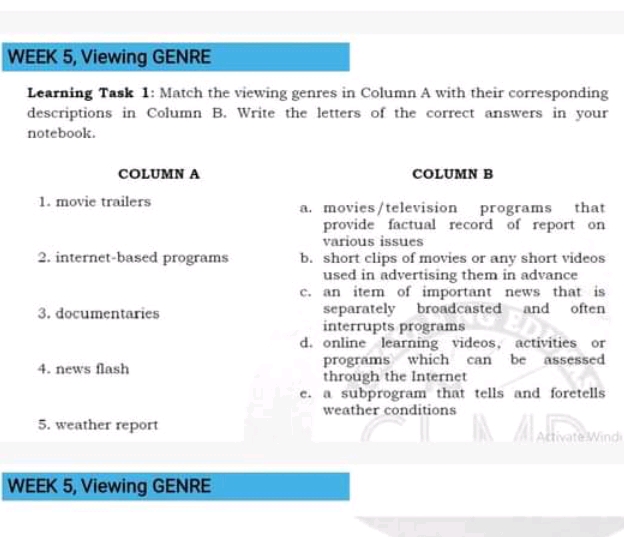 WEEK 5 Viewing GENRE Learning Task 1 Match | StudyX