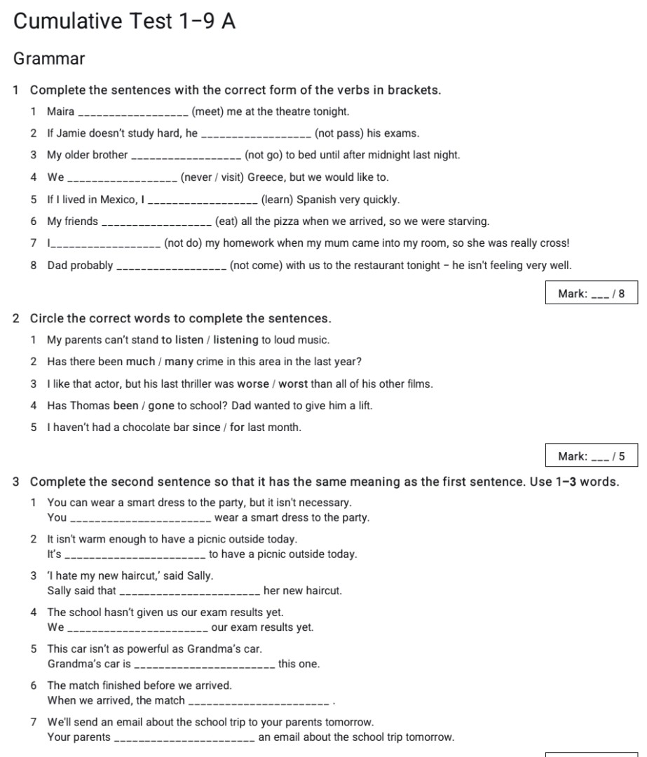 Cumulative Test 1-9 A Grammar 1 Complete the | StudyX